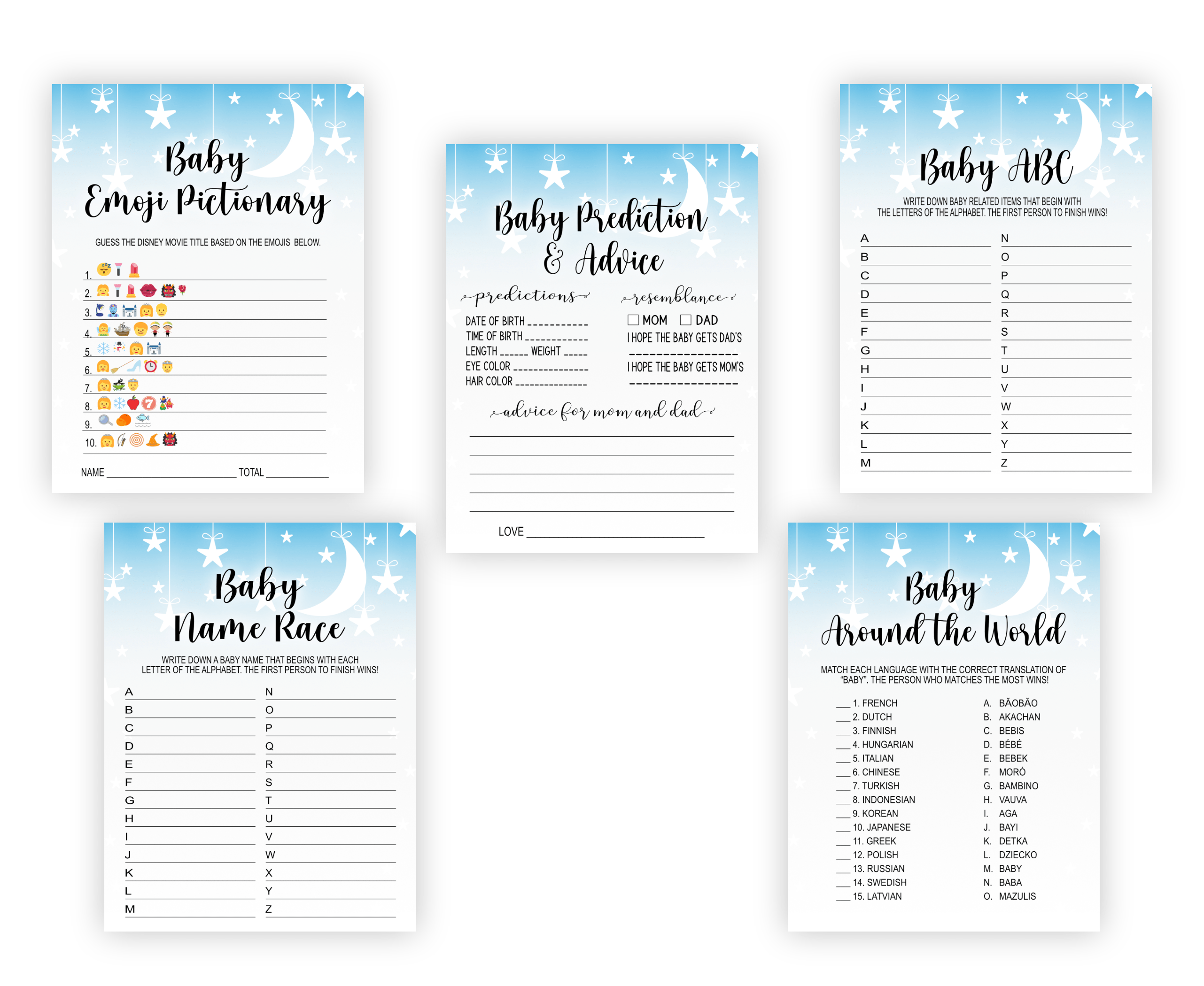 White Moon and Stars Baby Shower Games Bundle: Twinkle Star Theme for ...