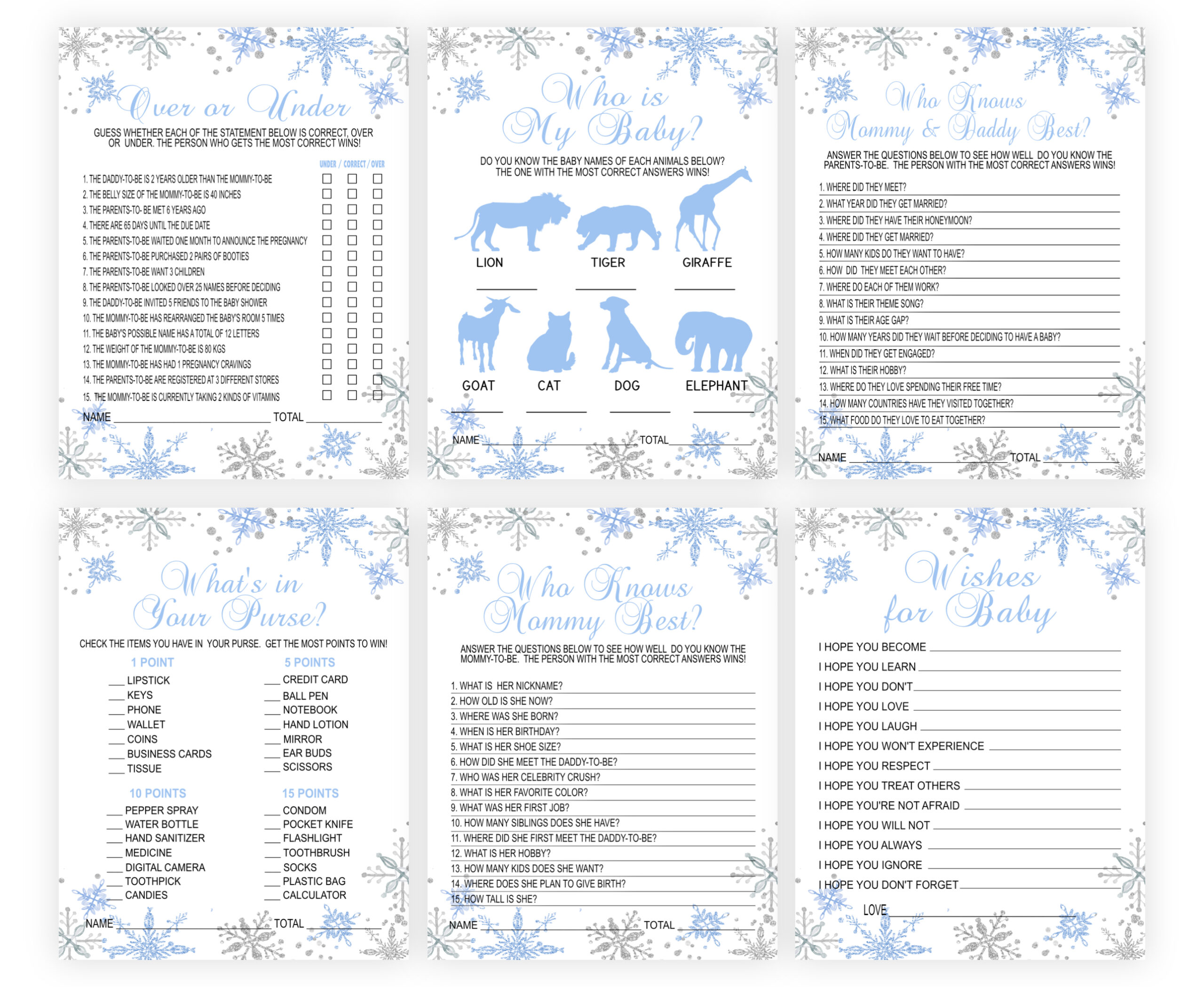 Snowflakes Baby Shower Games Bundle Pack: Charming Blue Winter ...