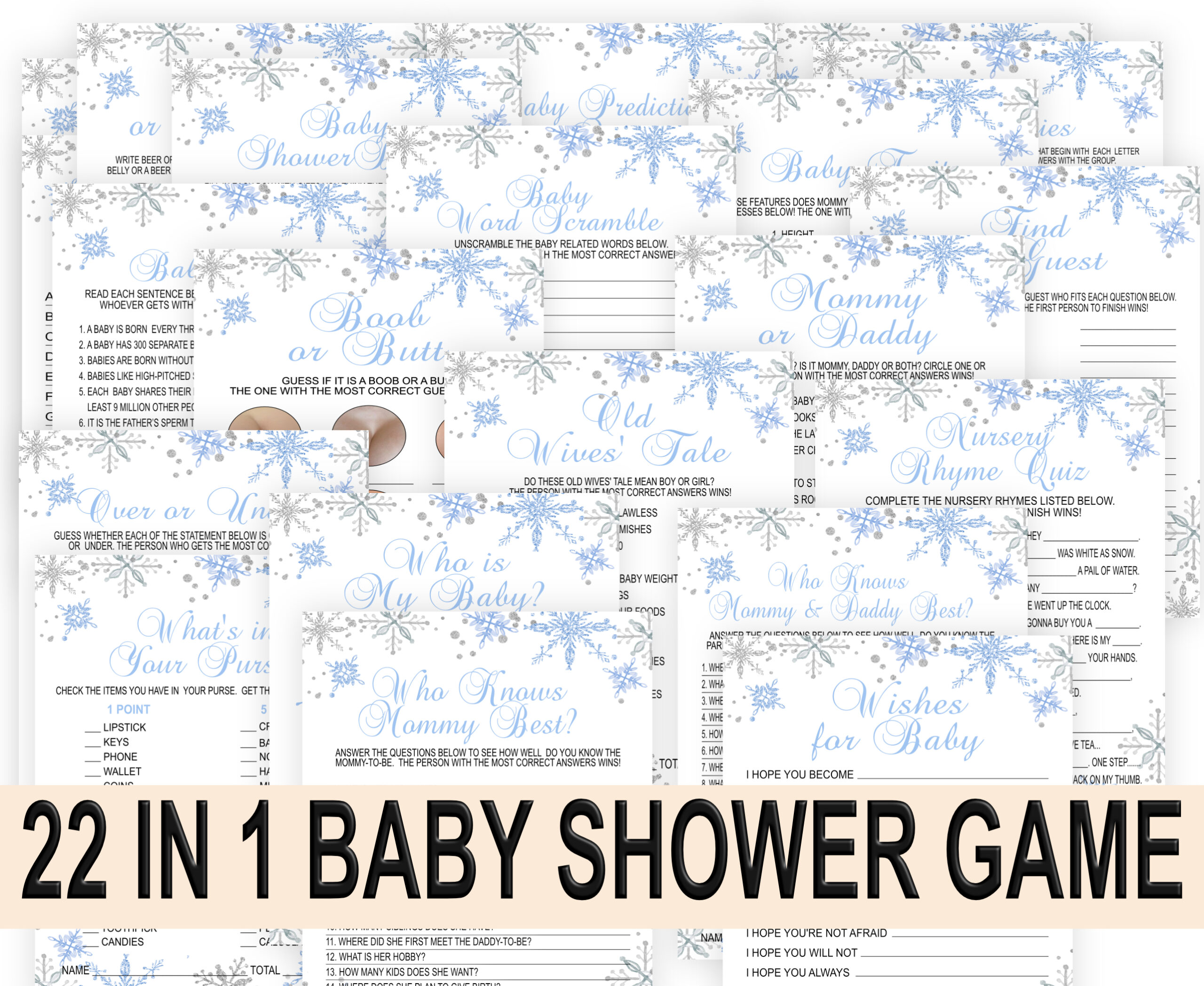 Snowflakes Baby Shower Games Bundle Pack: Charming Blue Winter ...